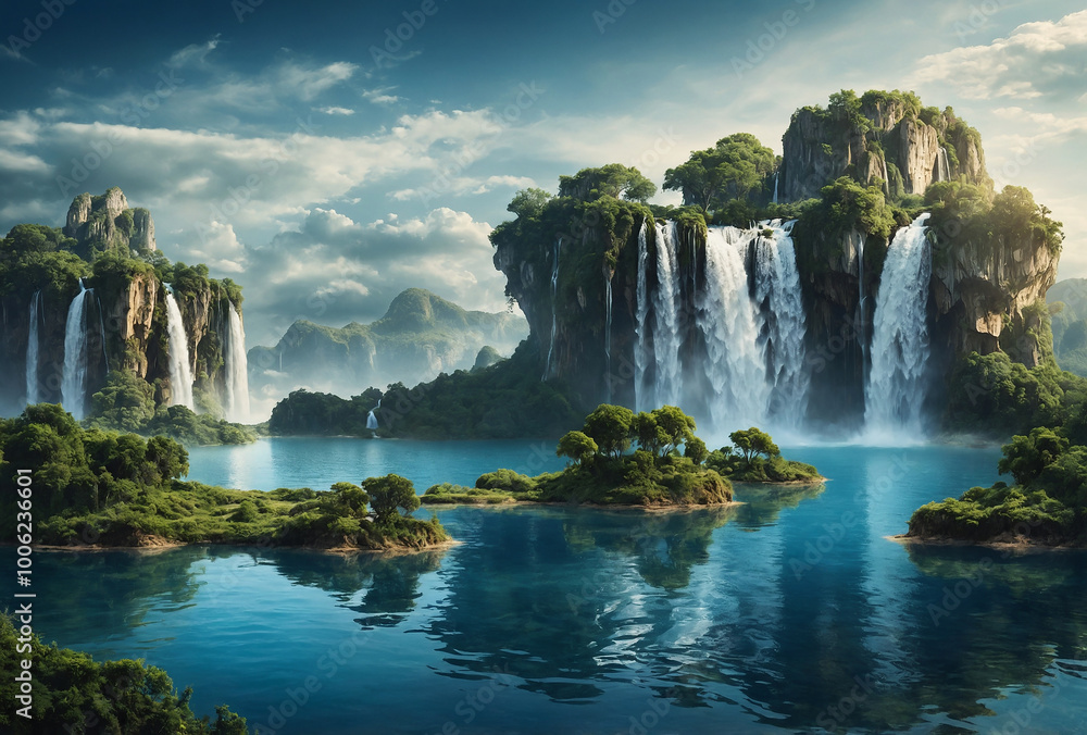 surreal landscape with floating islands and waterfalls, merging ...
