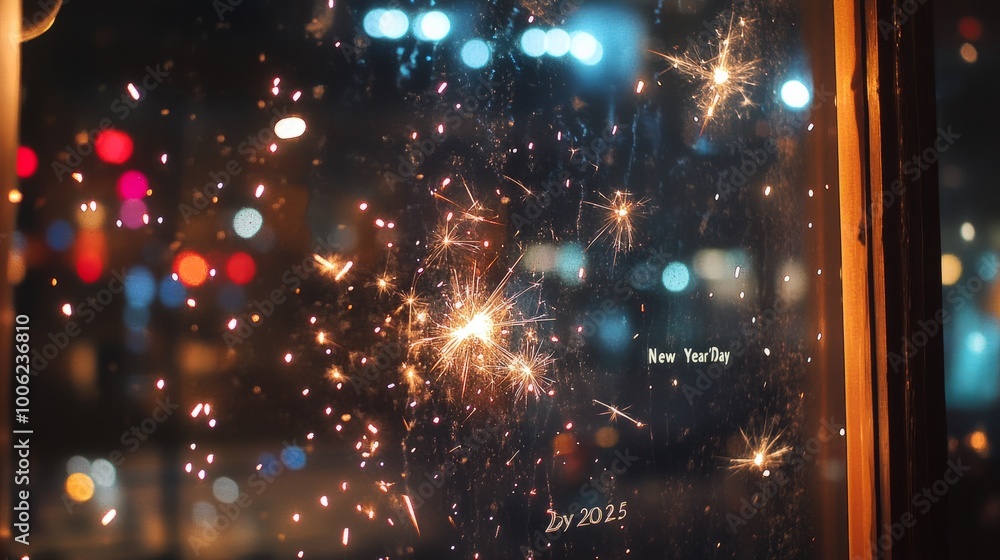 Festive lights from fireworks being lit next to a clear window, with ...