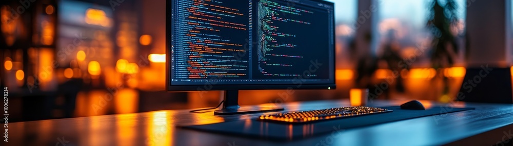 Desktop setup with code on screen and ambient lighting. Stock ...
