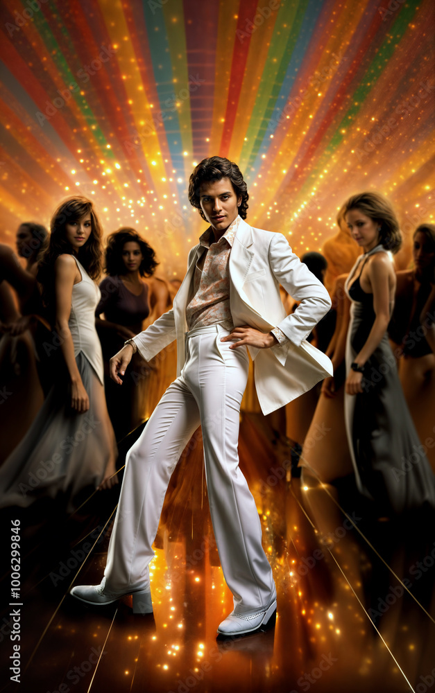 Retro disco dancer man in white suit and flared pants posing with ...