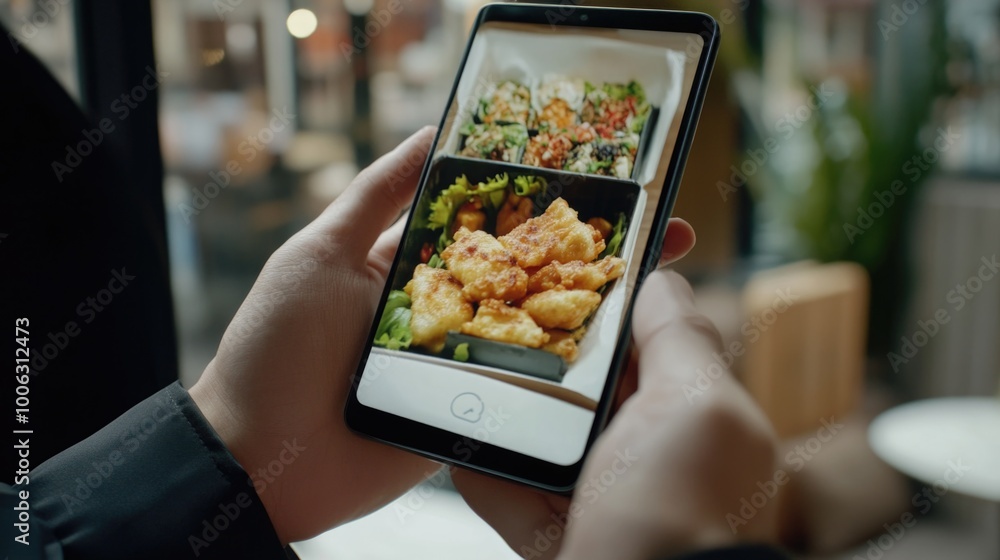 Hand holding smartphone with restaurant menu food photos on screen ...