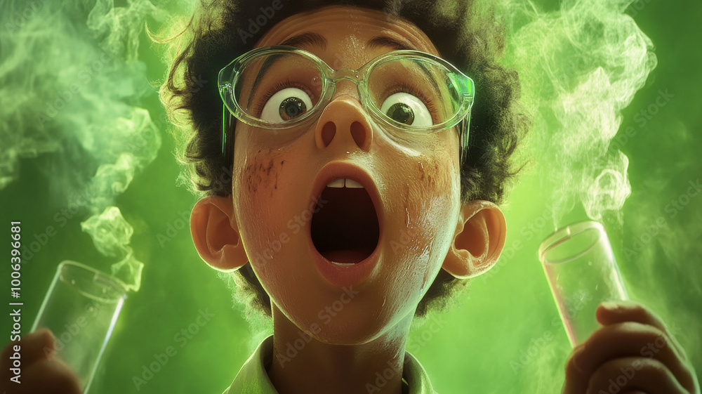 A surprised Brazilian boy scientist, soot streaking his face, wearing ...