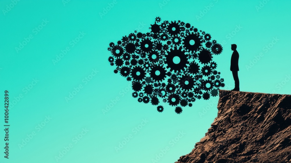 A human silhouette standing on one side of a gap with scattered ...