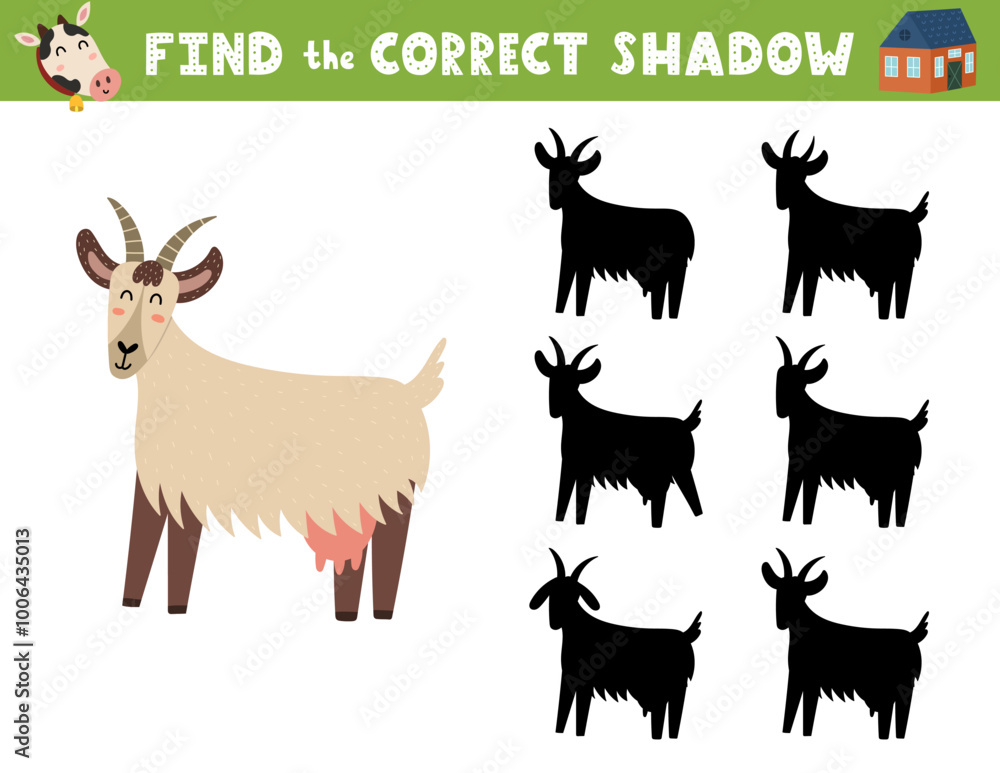 Find the correct shadow activity page for kids with a cute goat. Shadow ...
