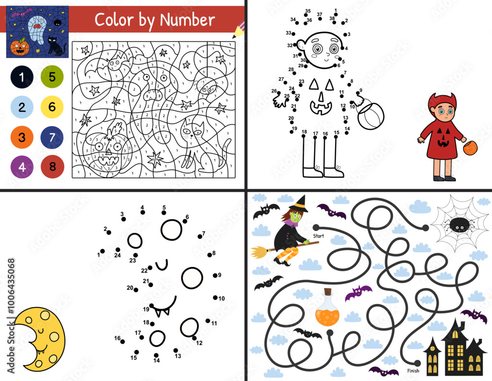 Collection with Halloween activity pages for kids. Funny games set in ...