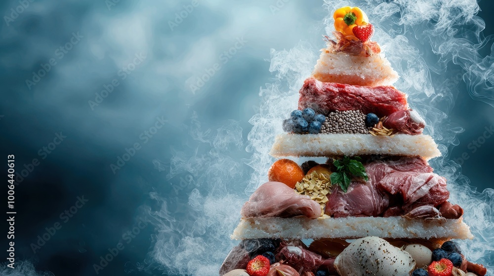 An unhealthy food pyramid with glowing toxic fumes rising from the top ...