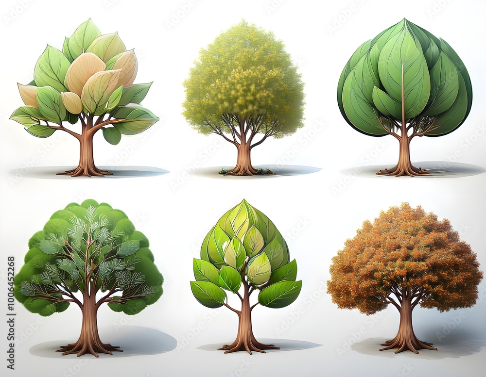 Cartoon-style Bodhi trees with smooth, rounded shapes, simplified ...
