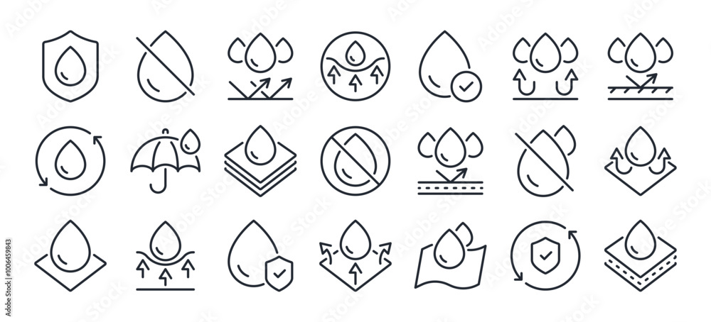 Waterproof and repellent surface editable stroke outline icons set ...