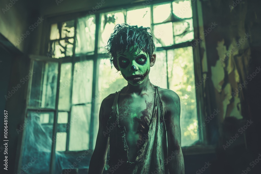Full body shot of a Hispanic boy dressed as a zombie, with tattered ...