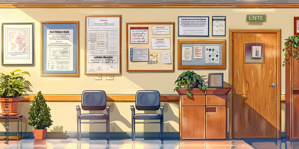 Doctor's Office Wall: Displaying medical diplomas, patient charts, and ...