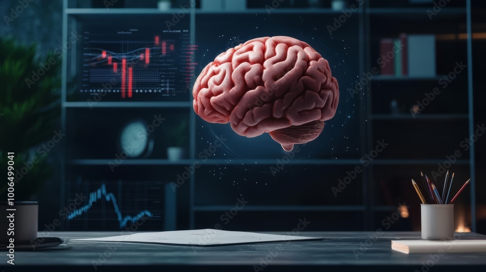 Holographic brain floating above a desk, surrounded by digital charts ...