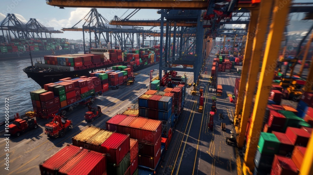 Harbor simulation with shipping containers and cranes in a bustling ...