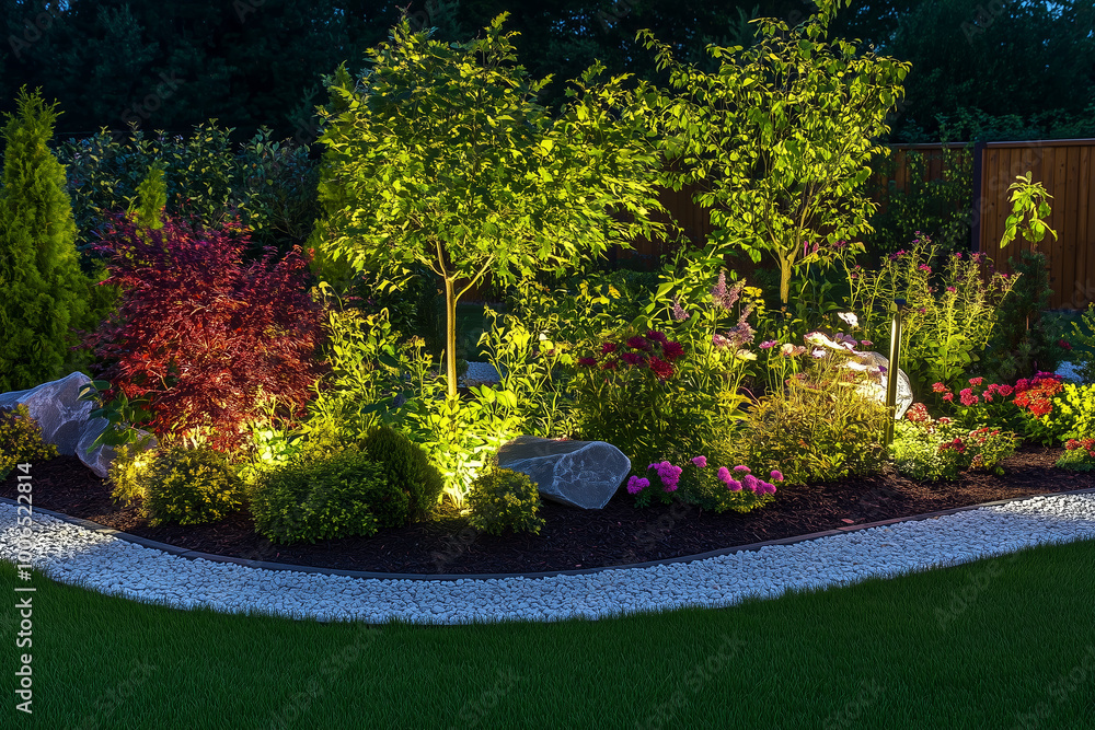 Nighttime garden with trees, shrubs, and flowers beautifully ...