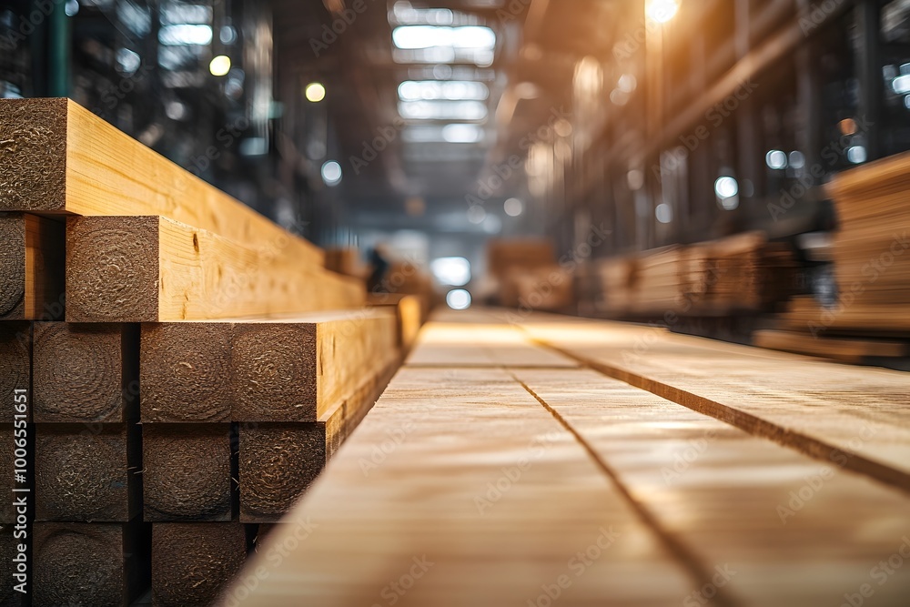 Stacked wood planks and lumber in an industrial manufacturing warehouse ...