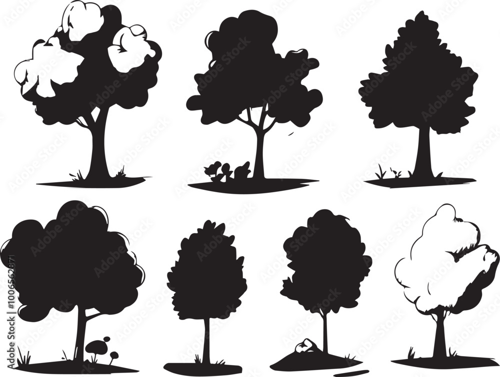 Silhouette tree set. Side view, set of graphic trees elements outline ...