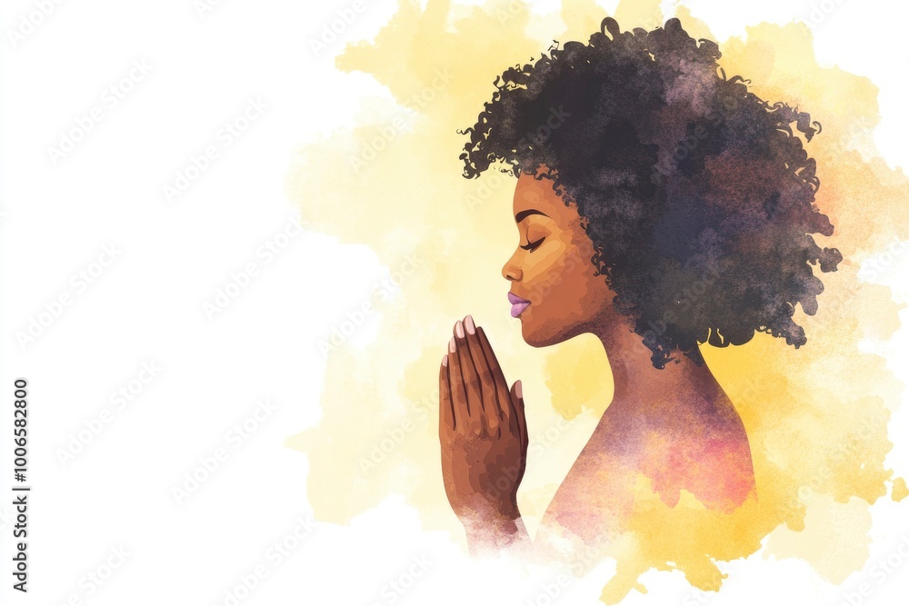 A stunning Black woman with curly hair is praying, her hands together ...