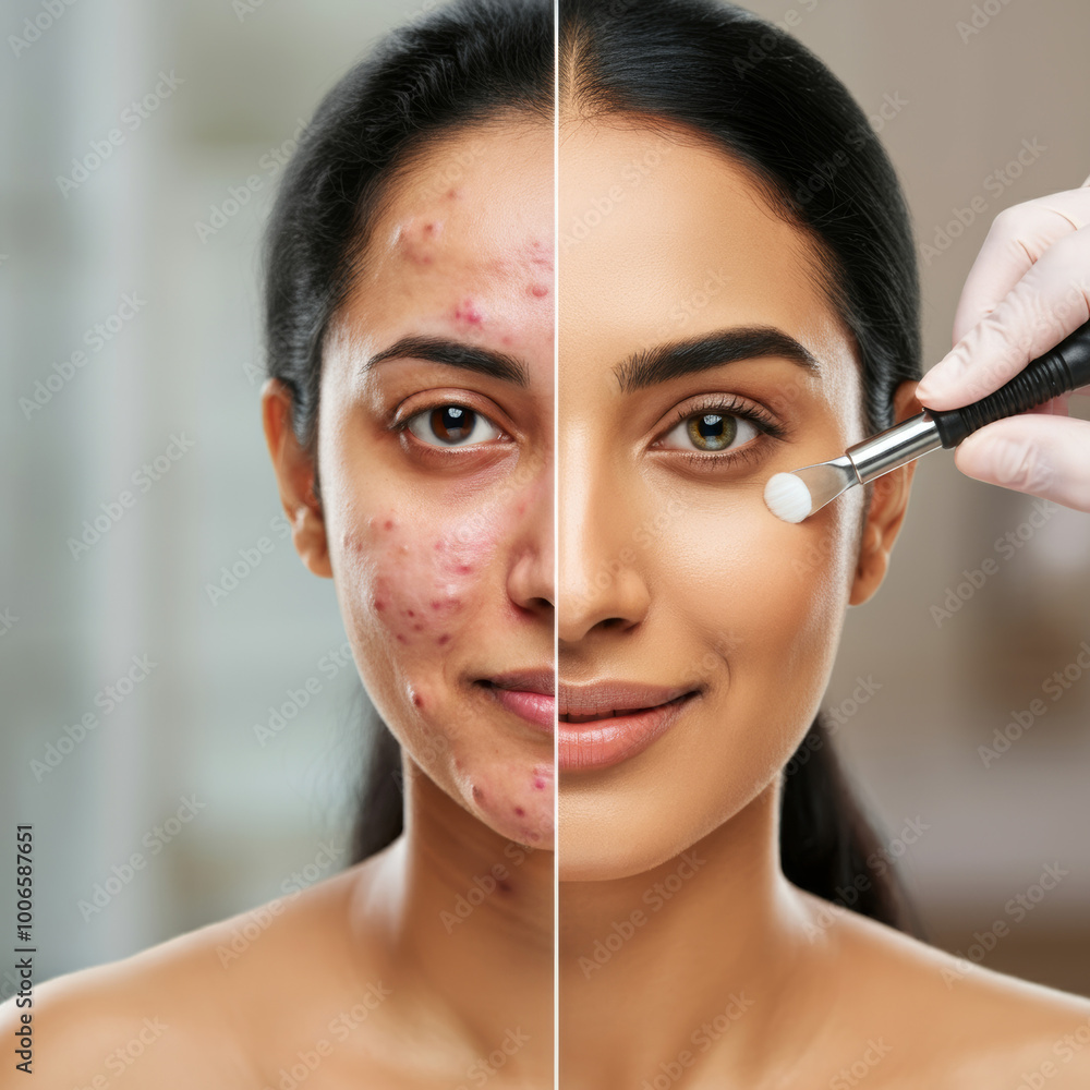 Indian woman with acne-prone skin on the left side and smooth, clear ...