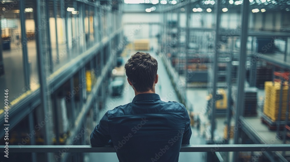 warehouse supervisor overseeing operations on a mezzanine level ...