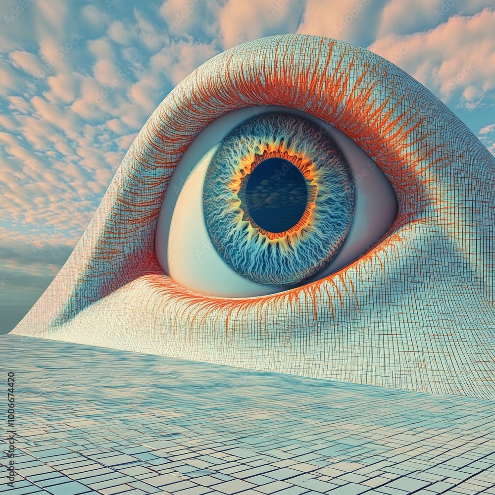 Surreal Giant Blue Eye in a Dreamlike Landscape with Clouds Stock ...