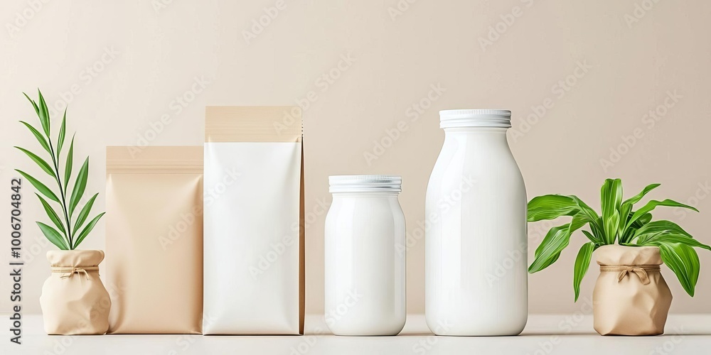 Realistic 3D blank milk packaging mockup with natural leaf shadows ...