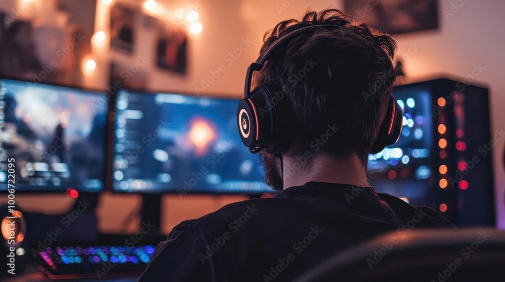 streamer's setup with rgb-lit gaming peripherals, multiple monitors ...