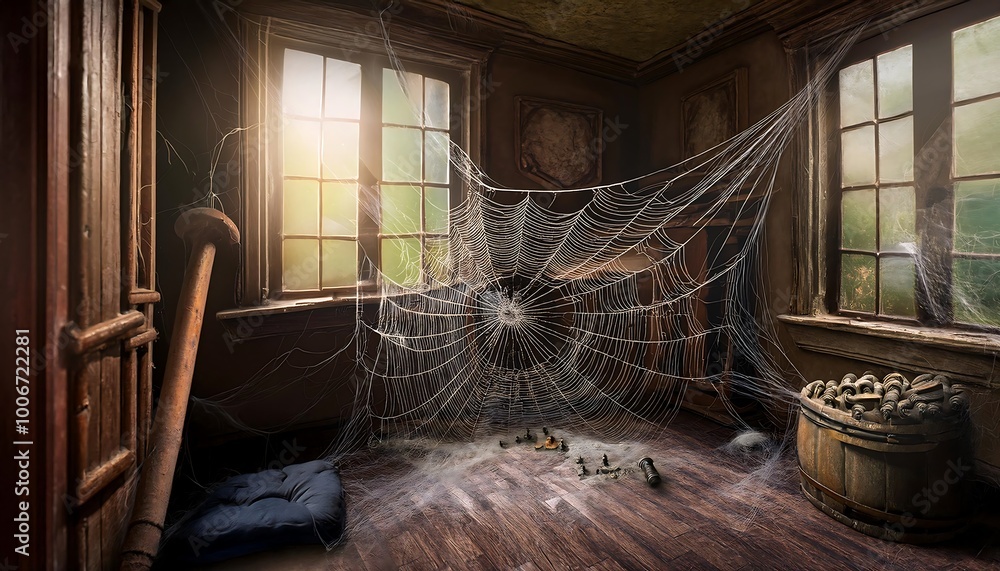 Abandoned spider web in a dusty corner of an old room with sunlight ...