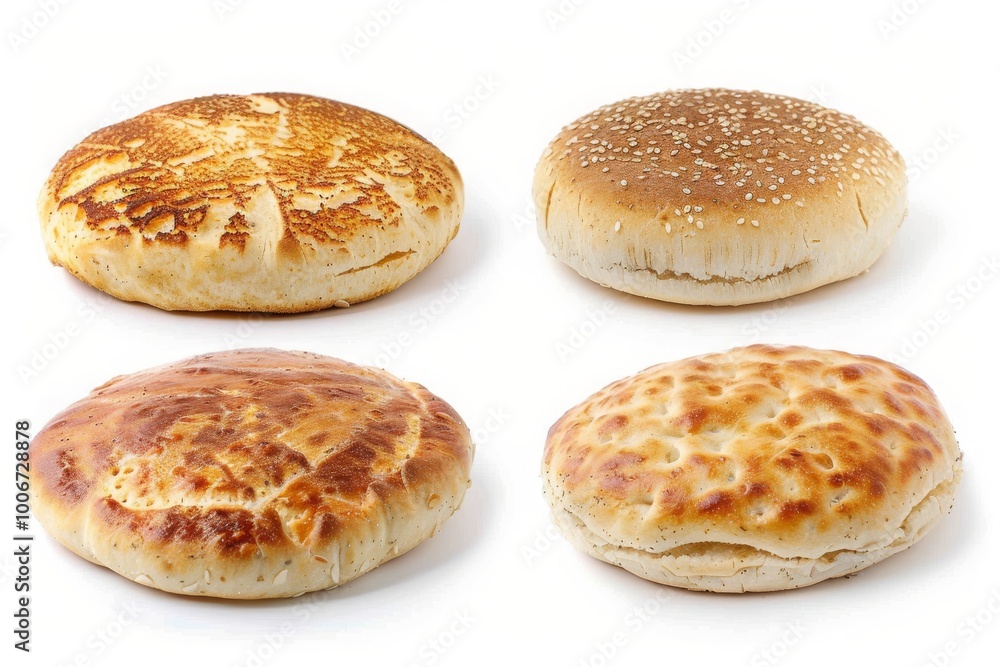 Collection of 4 bread bun slice set. English Muffin, Crumpet griddle ...