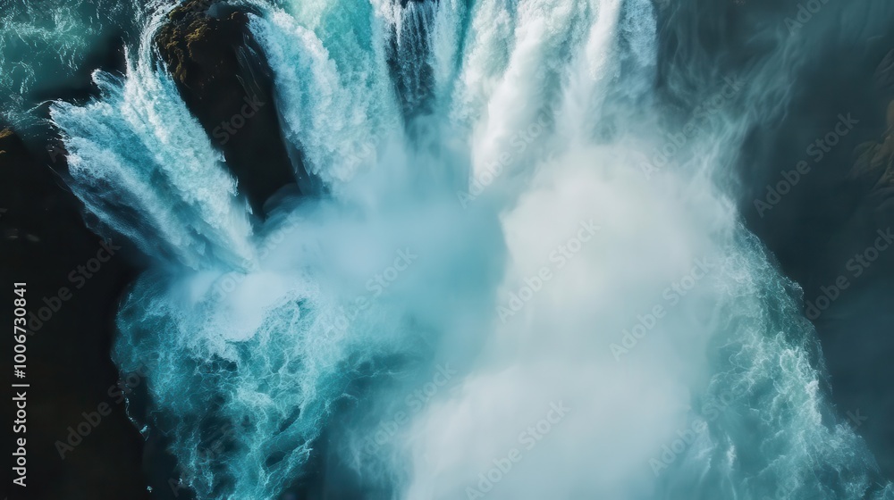 surreal aerial view of cascading waterfall, vivid turquoise waters ...