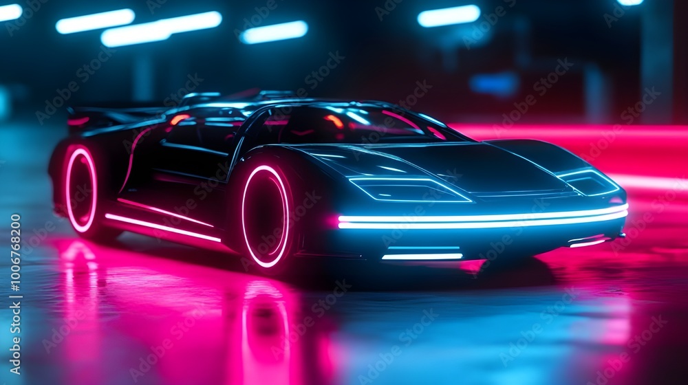 Futuristic Hover Car with Neon Lights in a Night Cityscape - High ...