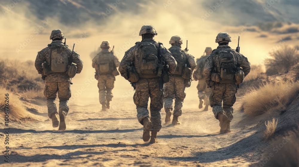 Soldiers in tactical gear marching along a rugged desert path during early morning, showcasing ...