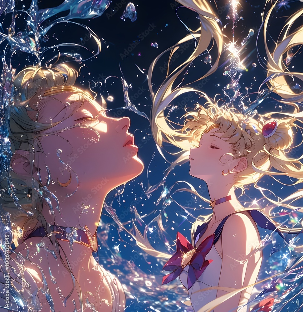 Two anime girls with long blonde hair float in a dreamy underwater ...