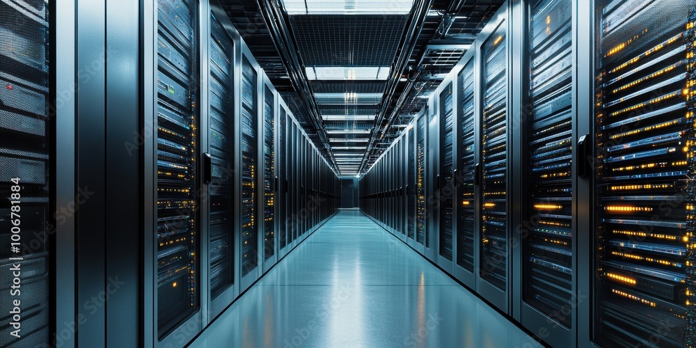 A modern data center corridor with rows of servers glowing in blue and ...
