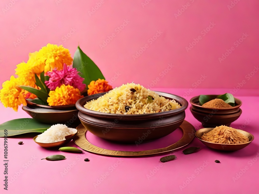 Traditional food onasadya. Onam food with sadhya rice on pink ...