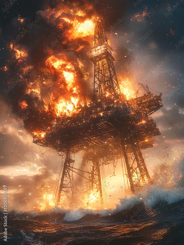 A dramatic portrayal of an oil rig explosion at sea, with massive ...