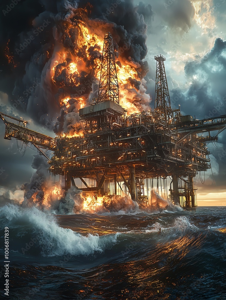 A dramatic portrayal of an oil rig explosion at sea, with massive ...