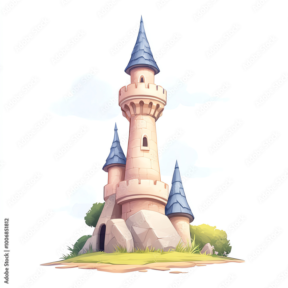 Cartoon castle design with conical roofs on a grassy base, white ...