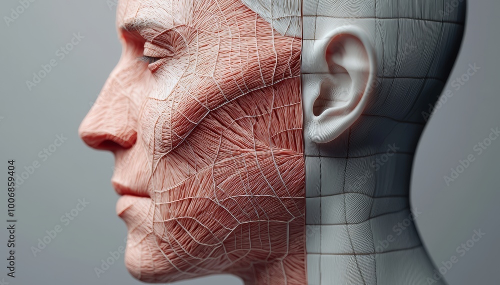 Detailed anatomical model of human face showcasing skin and muscle ...