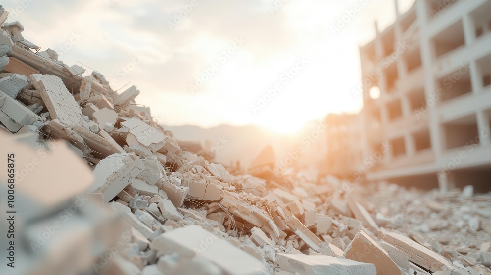City buildings collapsing during a powerful earthquake, leaving rubble ...
