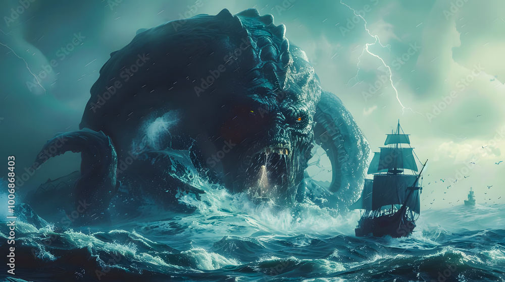 Fantasy scene with kraken cthulhu of giant octopus and ship in the sea. Horror concept. 3D ...