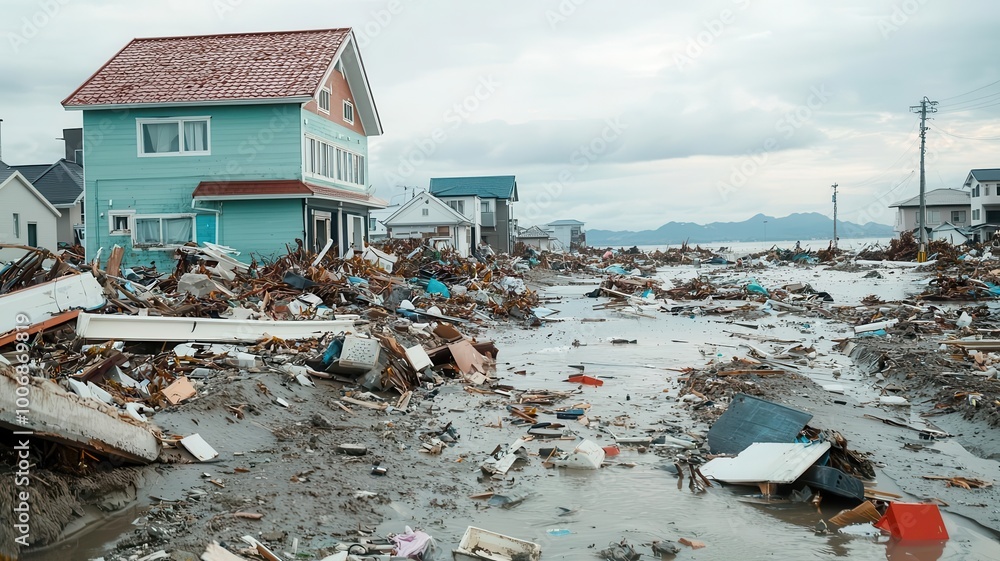 Flooded coastal town after a tsunami, with debris scattered across the ...