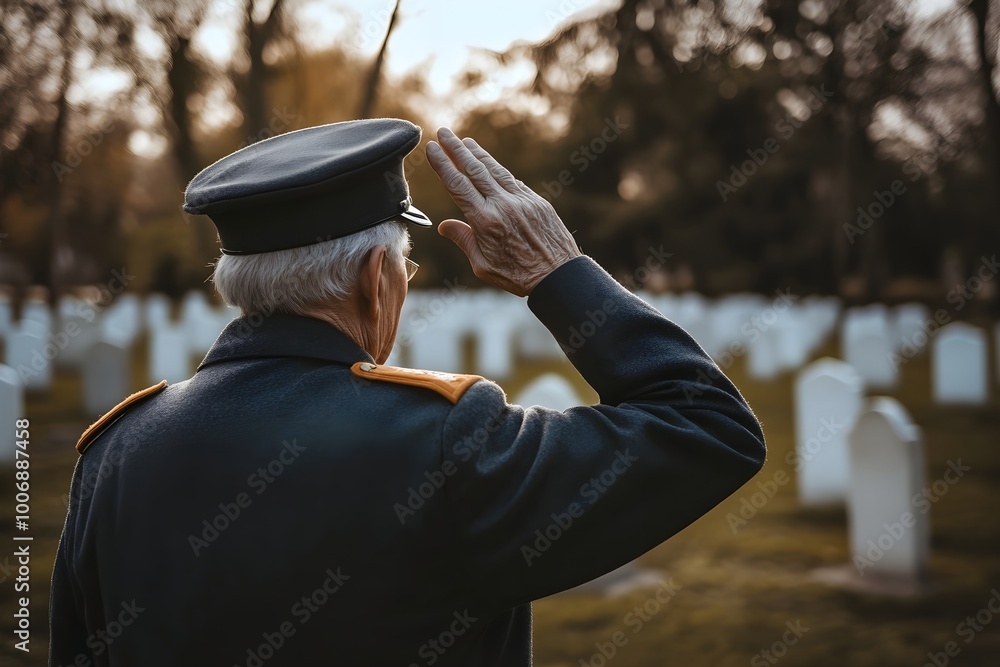 Elderly veteran saluting at military cemetery with rows of gravestones ...
