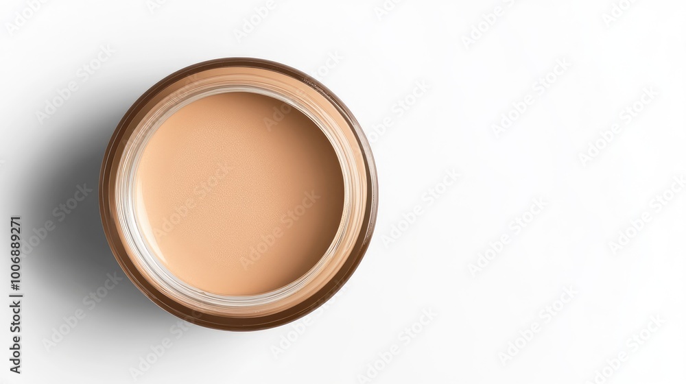 Top view of glossy foundation cream in a circular jar. No branding or ...