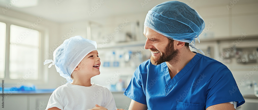 Pediatric surgeon with a comforting smile talking to a young patient ...