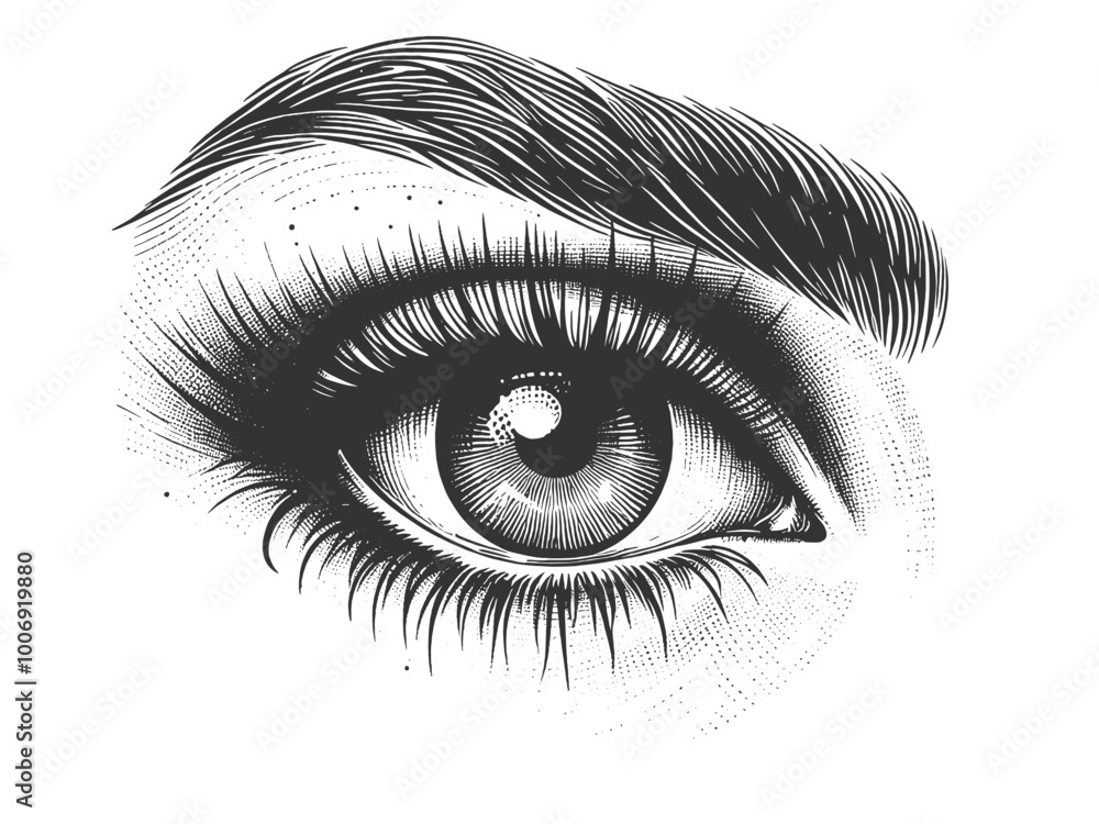 Female eye with fine lines and shading, capturing detailed lashes and ...