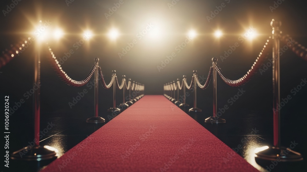 Velvet ropes line a pristine red carpet, the bright lights casting long ...