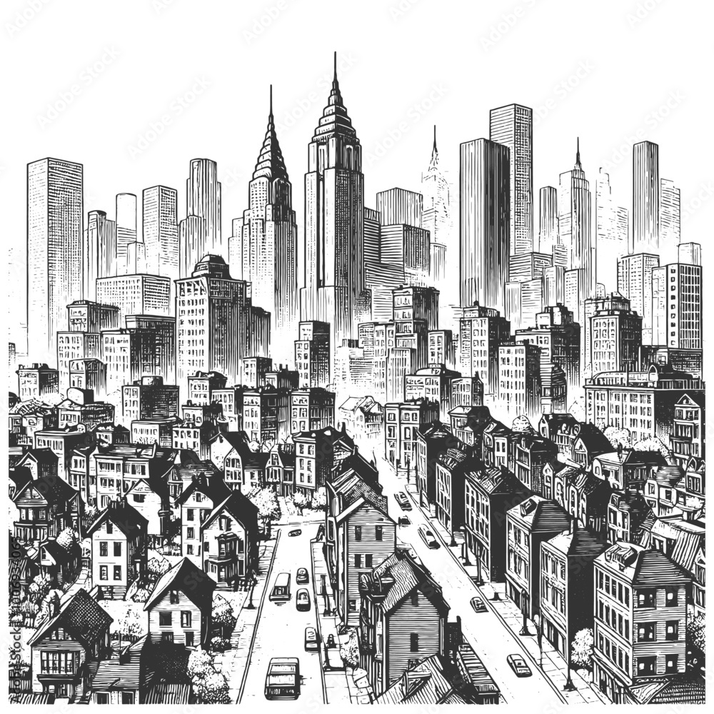 cityscape, tall skyscrapers, historic buildings, waterfront boats ...