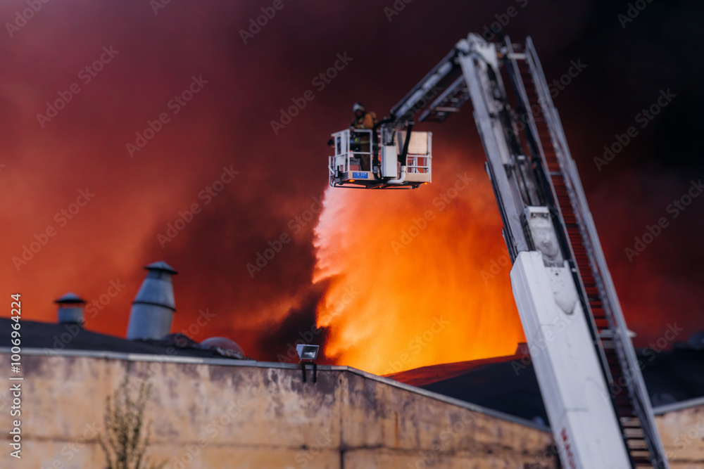 Firefighters use telescopic tower during massive large blaze fire ...