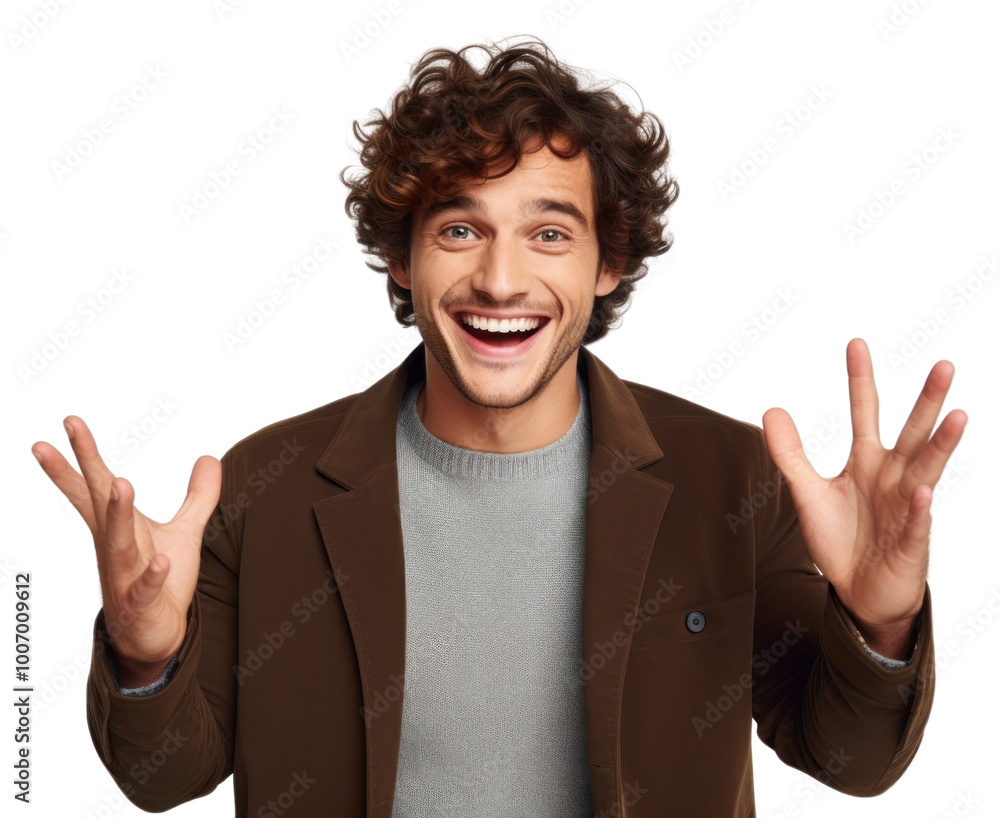 PNG Young caucasian handsome man surprised and smiley Raise your hand ...