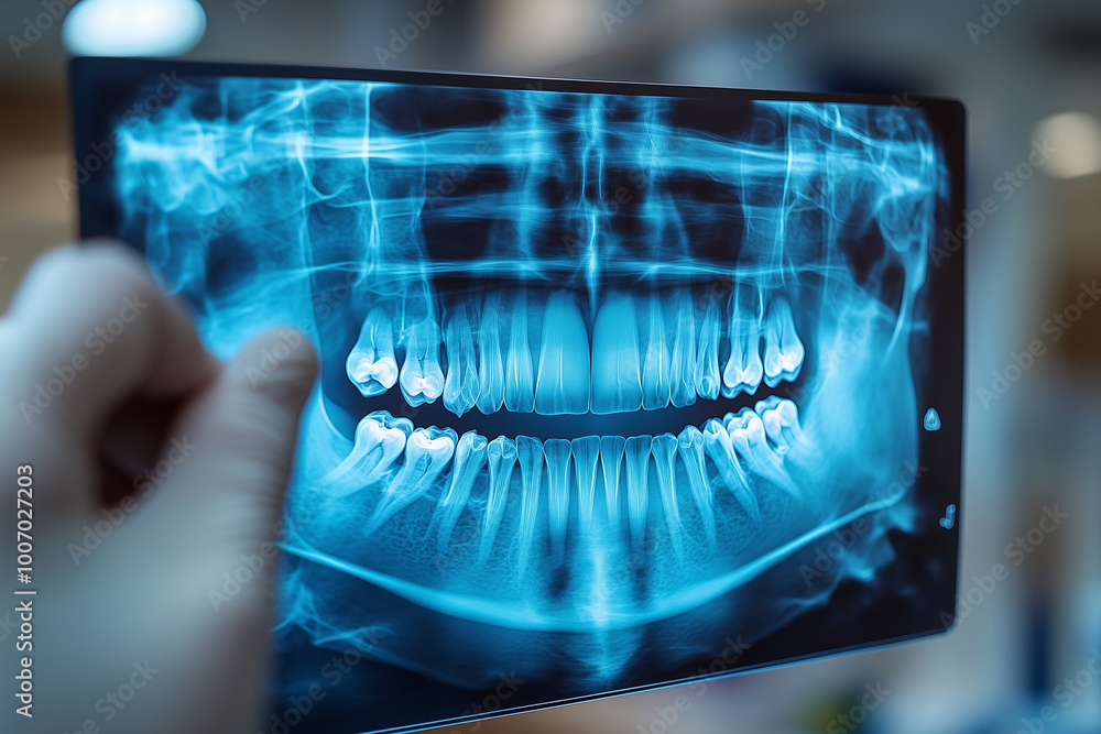 Digital x-ray of a patient's teeth showing cavities and areas for ...