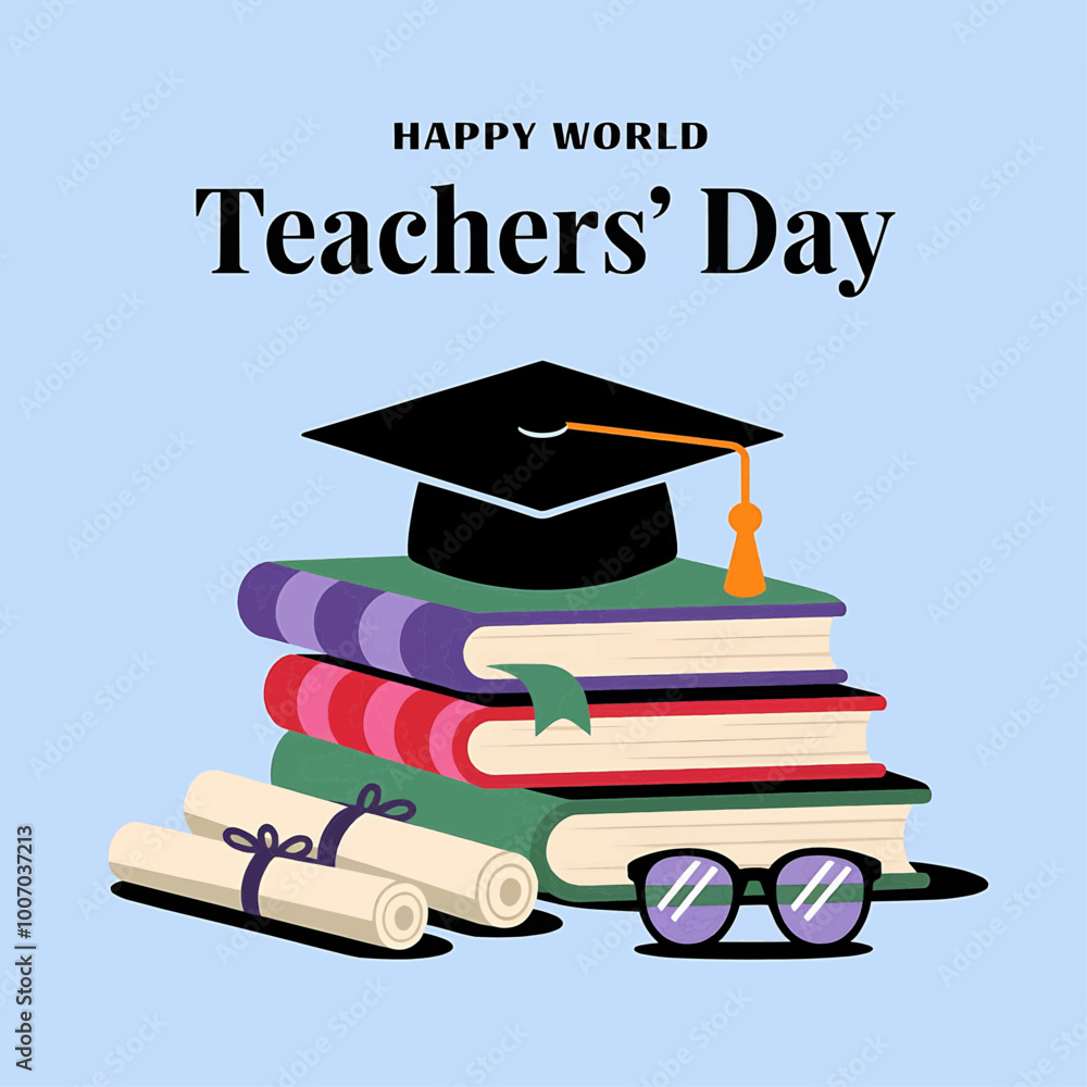 Creative World Teachers' Day vector with stacked books graduation cap ...